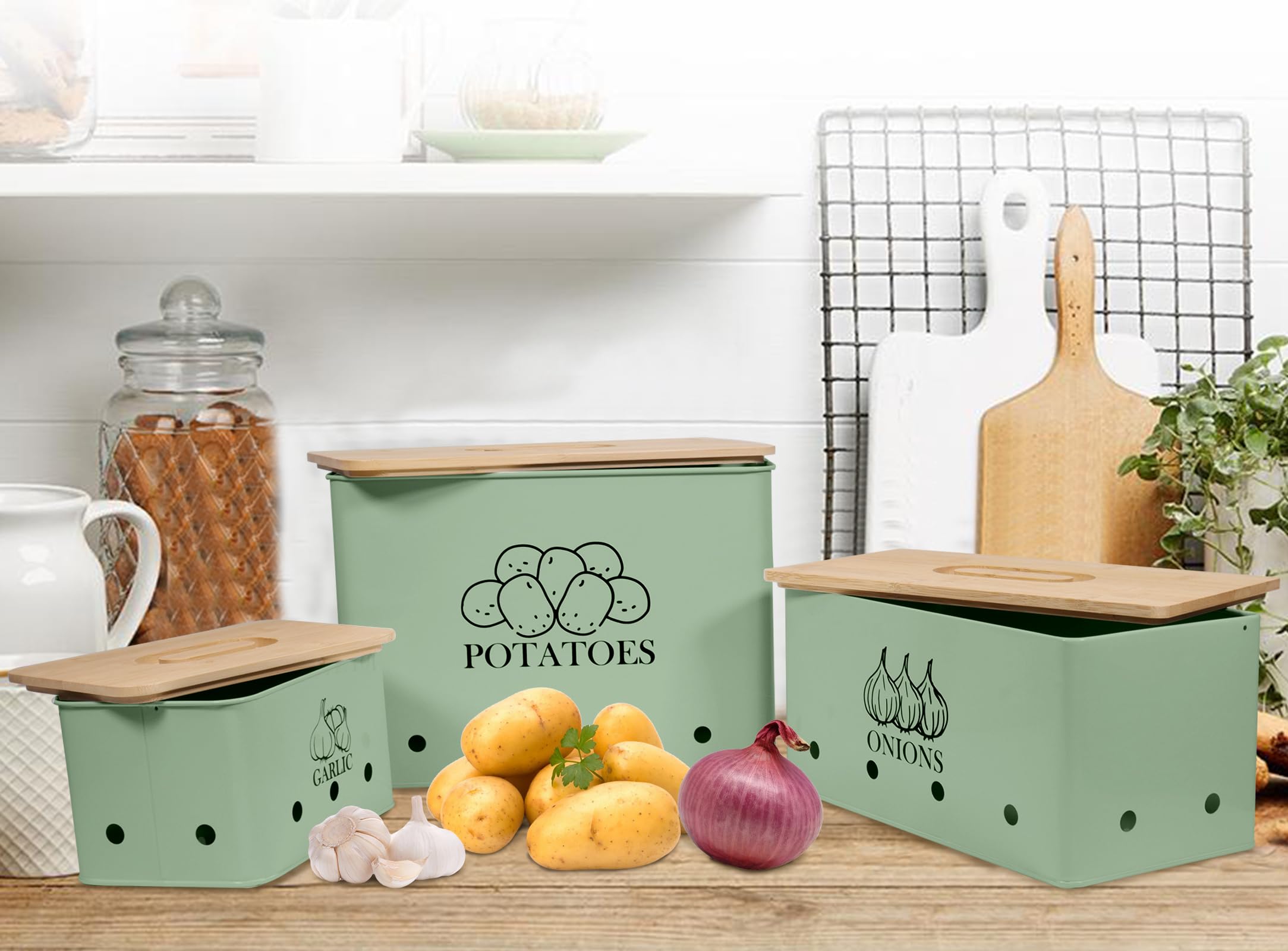 Xbopetda Canister Sets for Kitchen Counter, Kitchen Canisters Set of 3 for Potato Onion Garlic, Kitchen Storage Bin Jars Pots with Aerating Tin Storage Holes & Wooden Lid (Green)