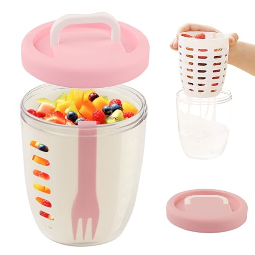 Salad Container for Lunch with Fork, Fruit cups with Lid and Handle, Fruit Storage Containers for Fridge Keep Fresh, 22 oz Food Storage Container Set BPA-Free for Kitchen, Office, Party, Camping