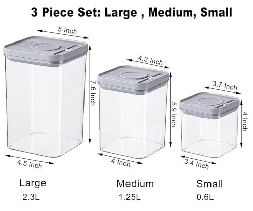 DMDFAN POP Airtight Food Storage Containers with Lids for Kitchen Pantry Organization, 3 PCS Air Tight Food Containers Set for Coffee Pasta Cereal Tea Nuts Sugar Rice (Grey)