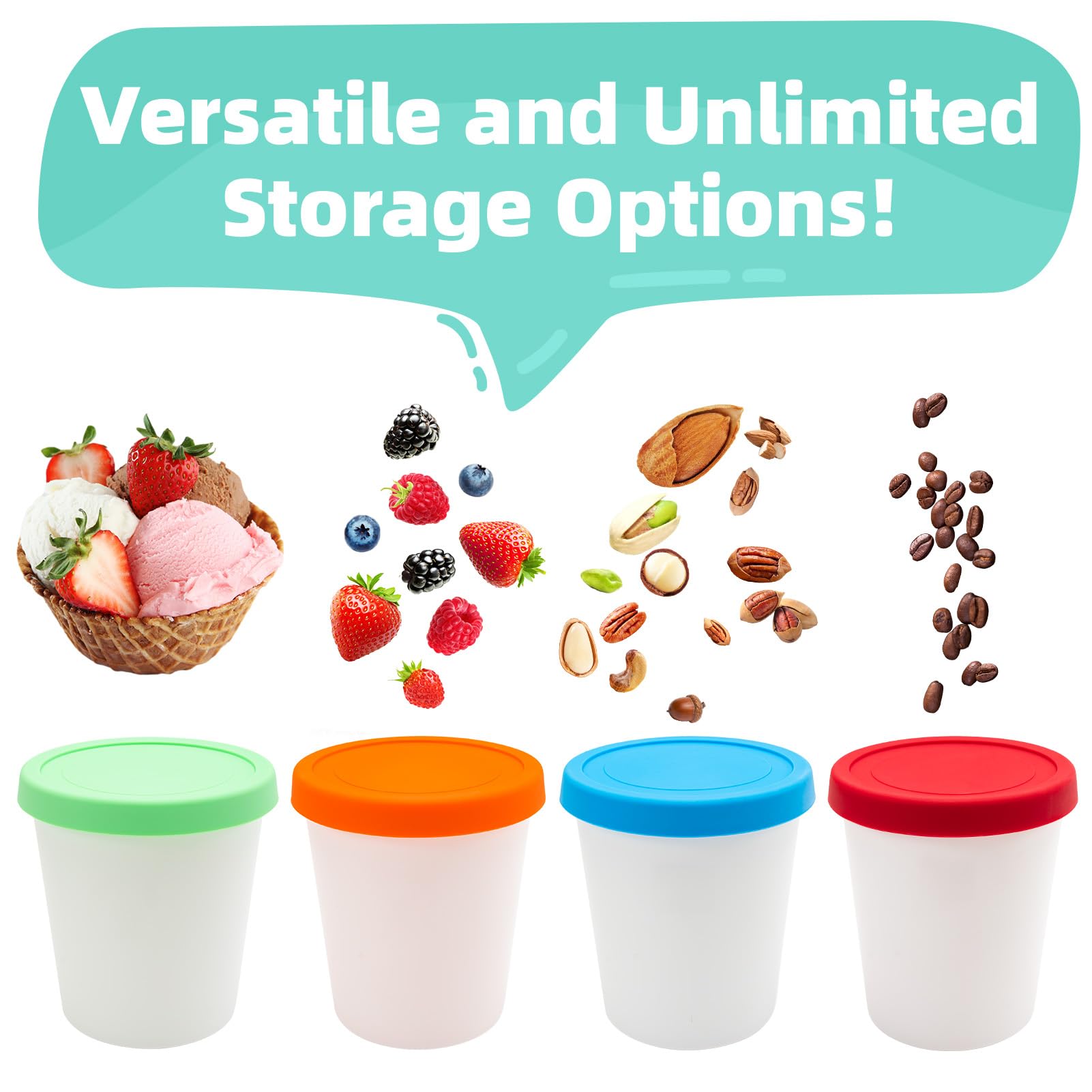 Belle&Beau 4 Pack Ice Cream Containers Set (1 Quart Each) with Silicone Lids, Ideal for Homemade Ice Cream, Sorbet, and Gelato, Dishwasher Safe, Includes 1 Erasable Marker, 1 Scoop, and 1 Cloth