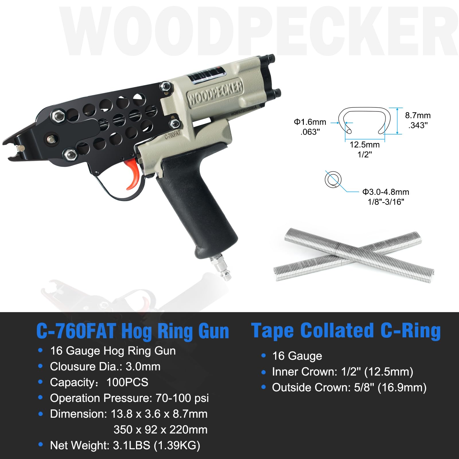 WOODPECKER C-760FA 16 Guage Pneumatic Hog Ring Gun, Standard 3.0mm Closure Diameter, 1/2-Inch Crown Hog Ring Staples, Power Hog Ring Gun Air Hog Ring Plier Tool for Wire Cages, Seat Making, Fencing