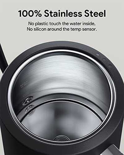 Gooseneck Electric Tea Kettle Pour-Over Kettle for Coffee, with 5 Variable Presets, 100% Stainless Steel Inner, with Keep Warm and Mute Function 0.8L, 1000W Quick Heating, Matte Black