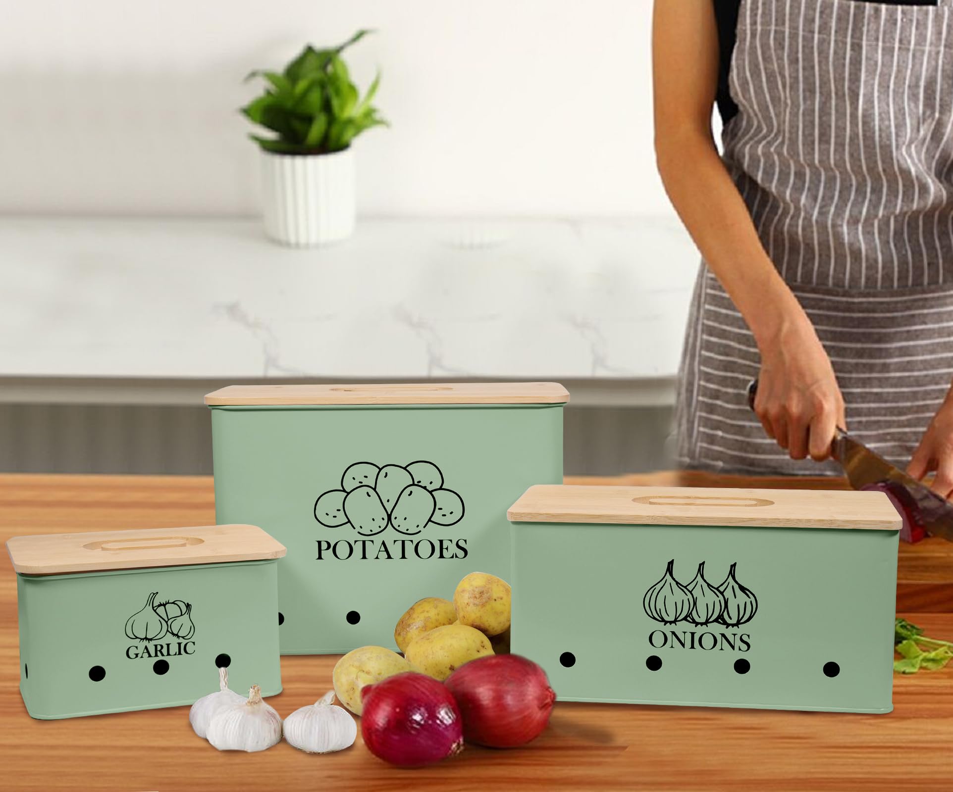 Xbopetda Canister Sets for Kitchen Counter, Kitchen Canisters Set of 3 for Potato Onion Garlic, Kitchen Storage Bin Jars Pots with Aerating Tin Storage Holes & Wooden Lid (Green)