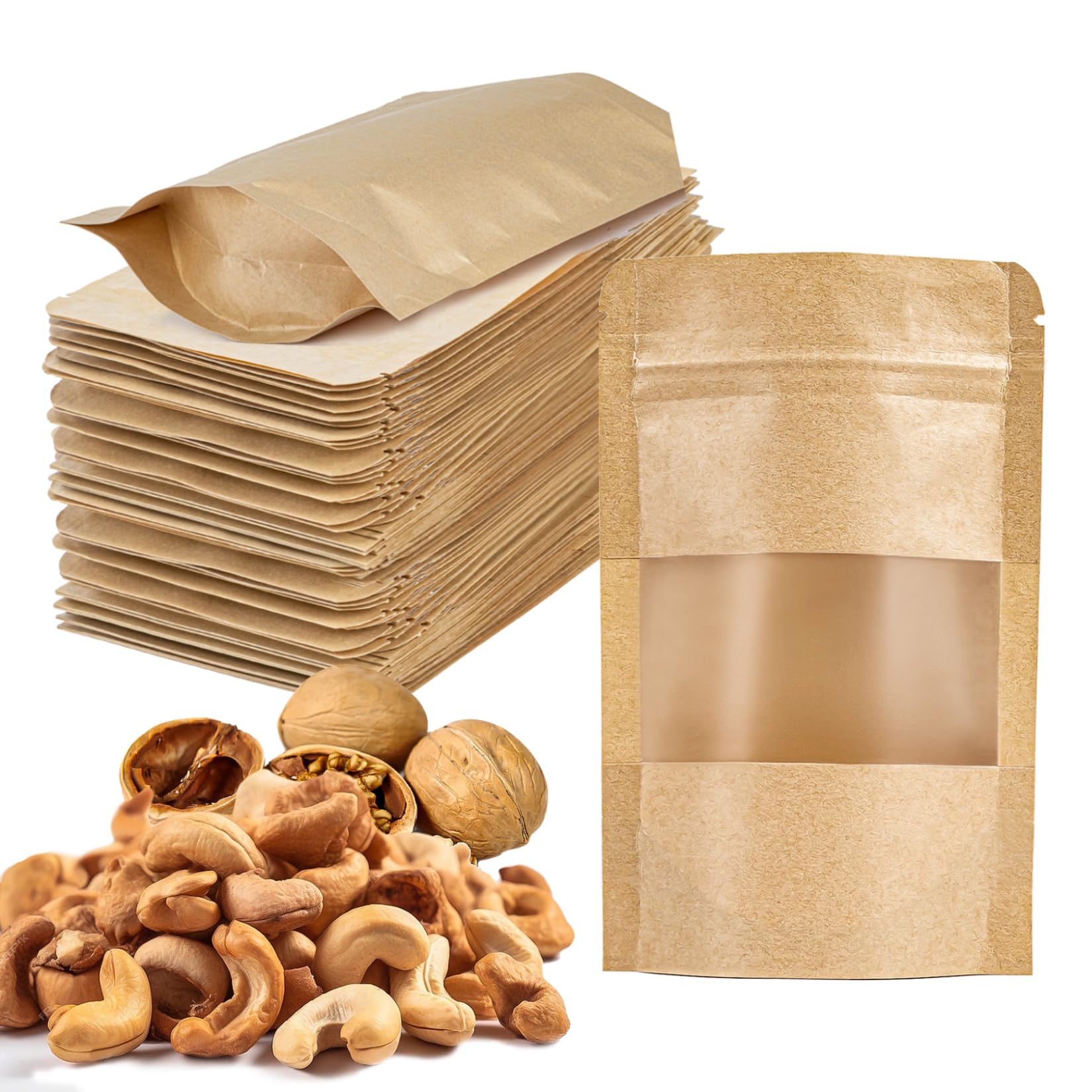 MAQIHAN 50 Stand Up Pouches Bags - 3.5"ร5.5" Resealable Ziplock Kraft Paper Bags Window Food Packaging Homemade Bagel Bread Cookie Candy Tea Herb Spice Coffee Jerky Dog Treat Bags Small Business