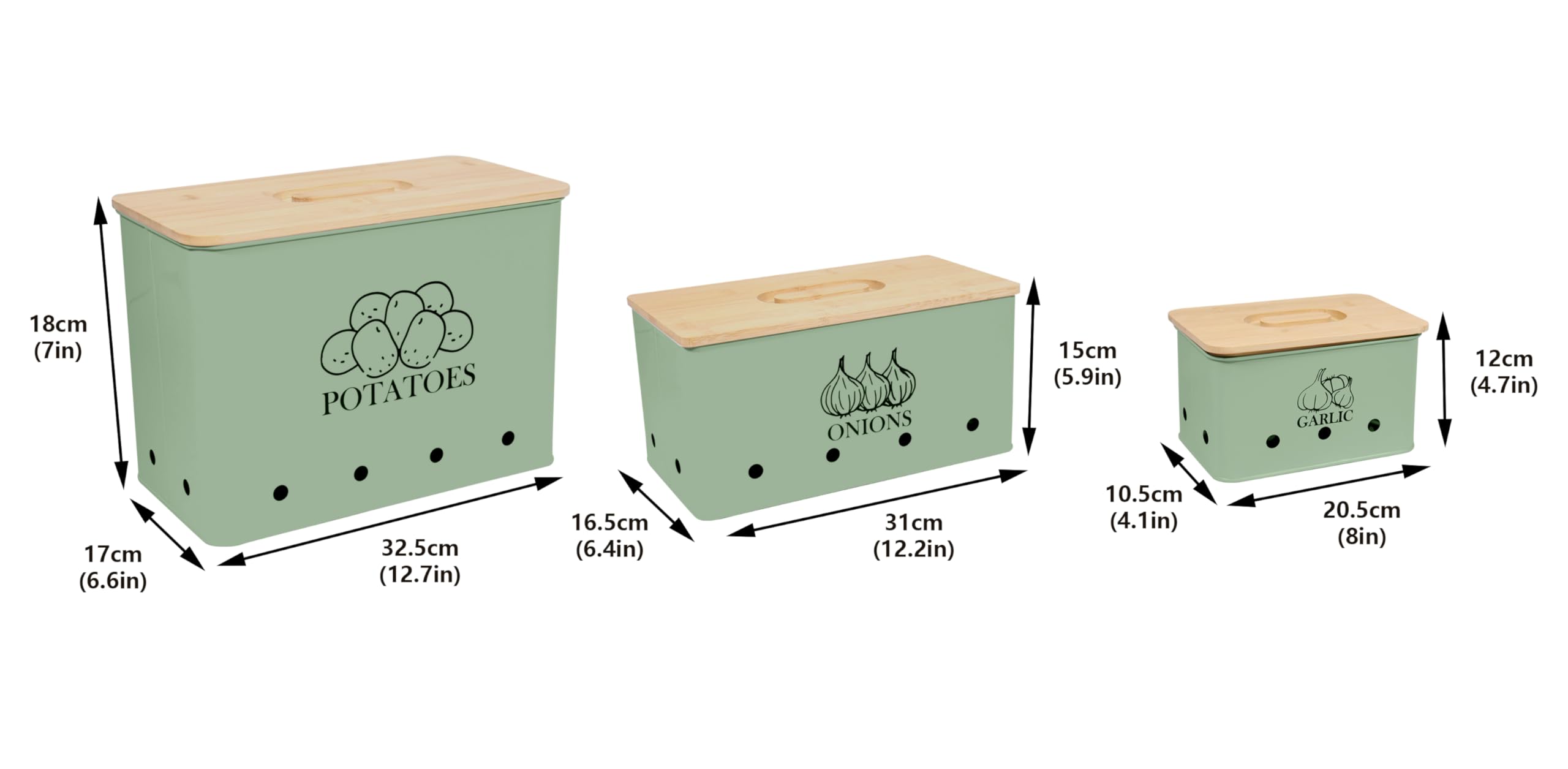 Xbopetda Canister Sets for Kitchen Counter, Kitchen Canisters Set of 3 for Potato Onion Garlic, Kitchen Storage Bin Jars Pots with Aerating Tin Storage Holes & Wooden Lid (Green)