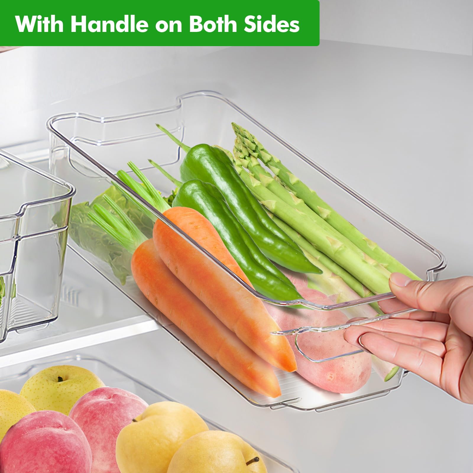 Lunhoo Refrigerator Organizer Bin, Clear Food Container with Handle, Plastic Storage Bins for Refrigerator, Kitchen, Cabinet (3 Pack, Transparent)