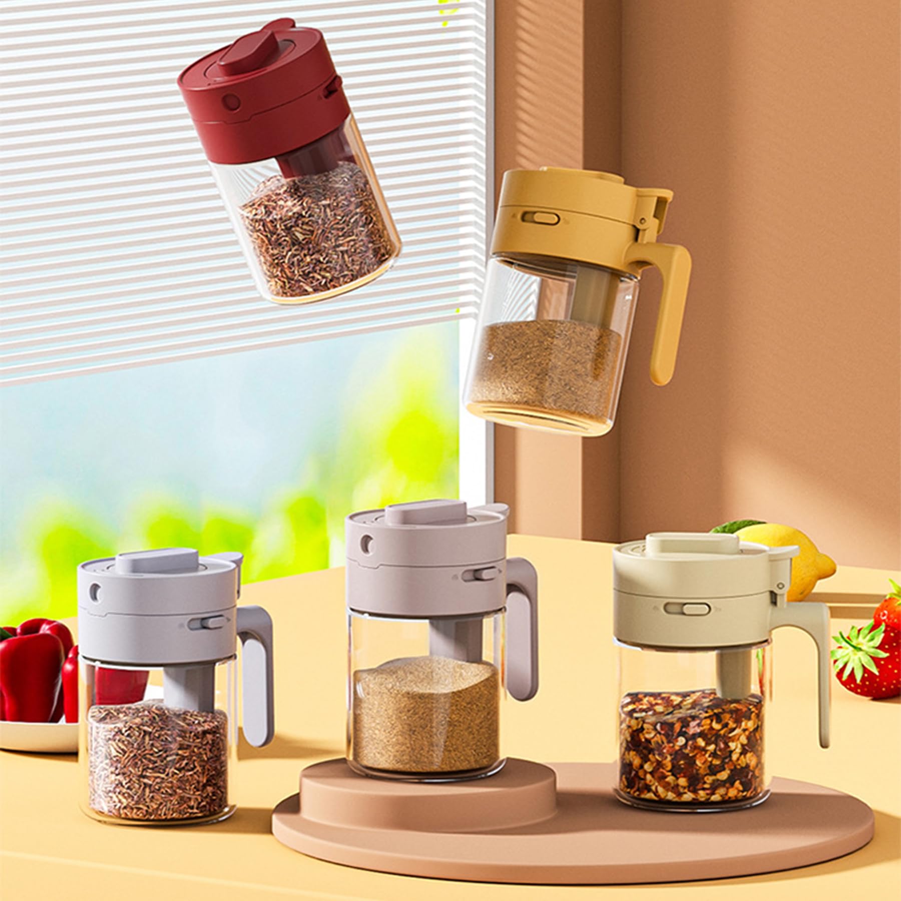 Multifunctional Seasoning Box, Clear Glass Seasoning Jar with Lid and Spoon, Seasoning Container for Home Kitchen with Storage Rack (4-Color-A)