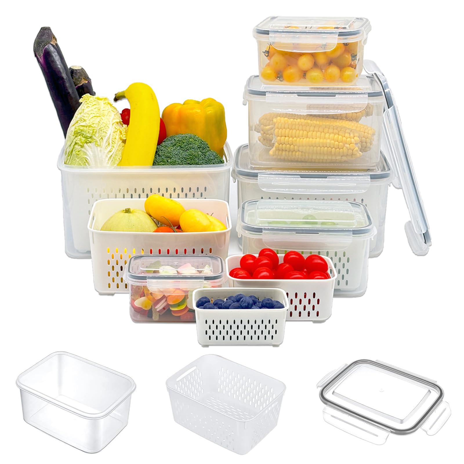 Fruit Storage Containers for Fridge,Produce Saver Containers for Refrigerator with Drain Colander,Food Storage Container,Dishwasher&Microwave Safe,Keep Fruits,Vegetables,Berry,Meat Fresh longer 6Pack.