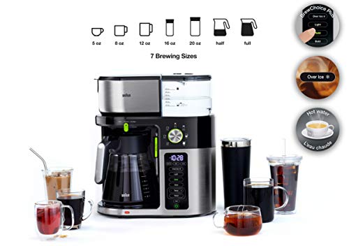 Braun MultiServe Coffee Machine 7 Programmable Brew Sizes / 3 Strengths + Iced Coffee & Hot Water for Tea, Glass Carafe (10-Cup), Stainless/Black, KF9150BK