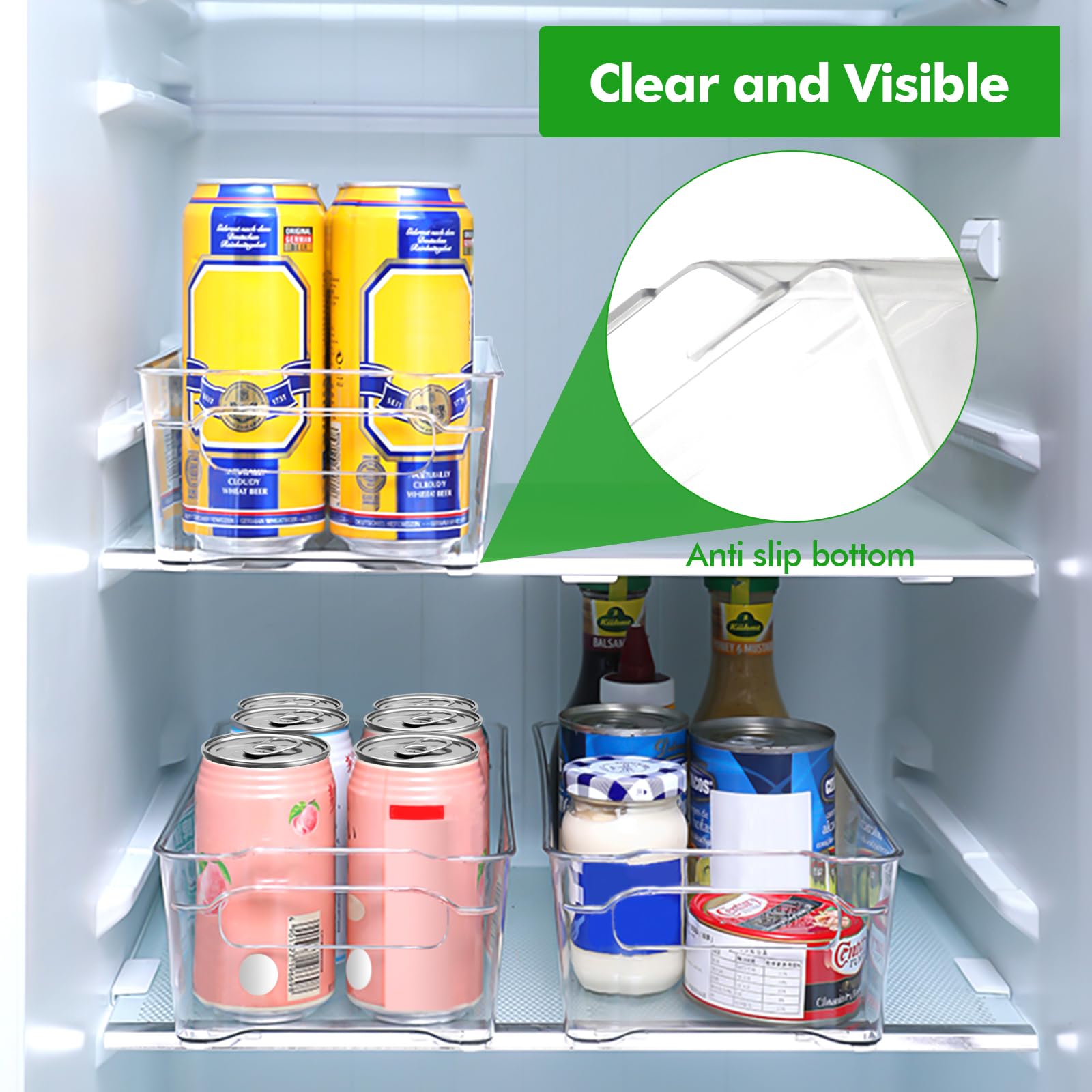 Lunhoo Refrigerator Organizer Bin, Clear Food Container with Handle, Plastic Storage Bins for Refrigerator, Kitchen, Cabinet (3 Pack, Transparent)