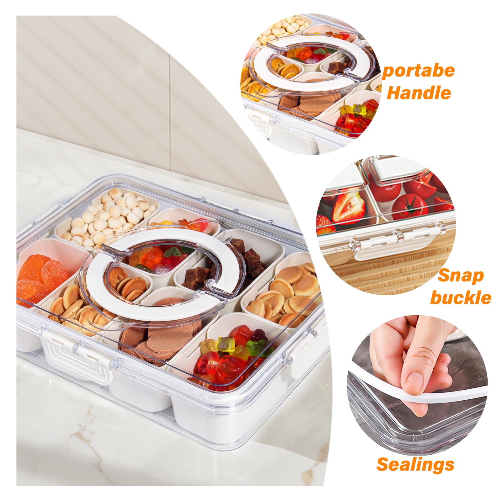 YFUIF Snackle Box Container - 8 Compartments Divided Serving Tray with Lid and Handle, BPA-Free Snack Box Organizer for Fruits, Candy, Snacks (1, White Small 8 Compartments)