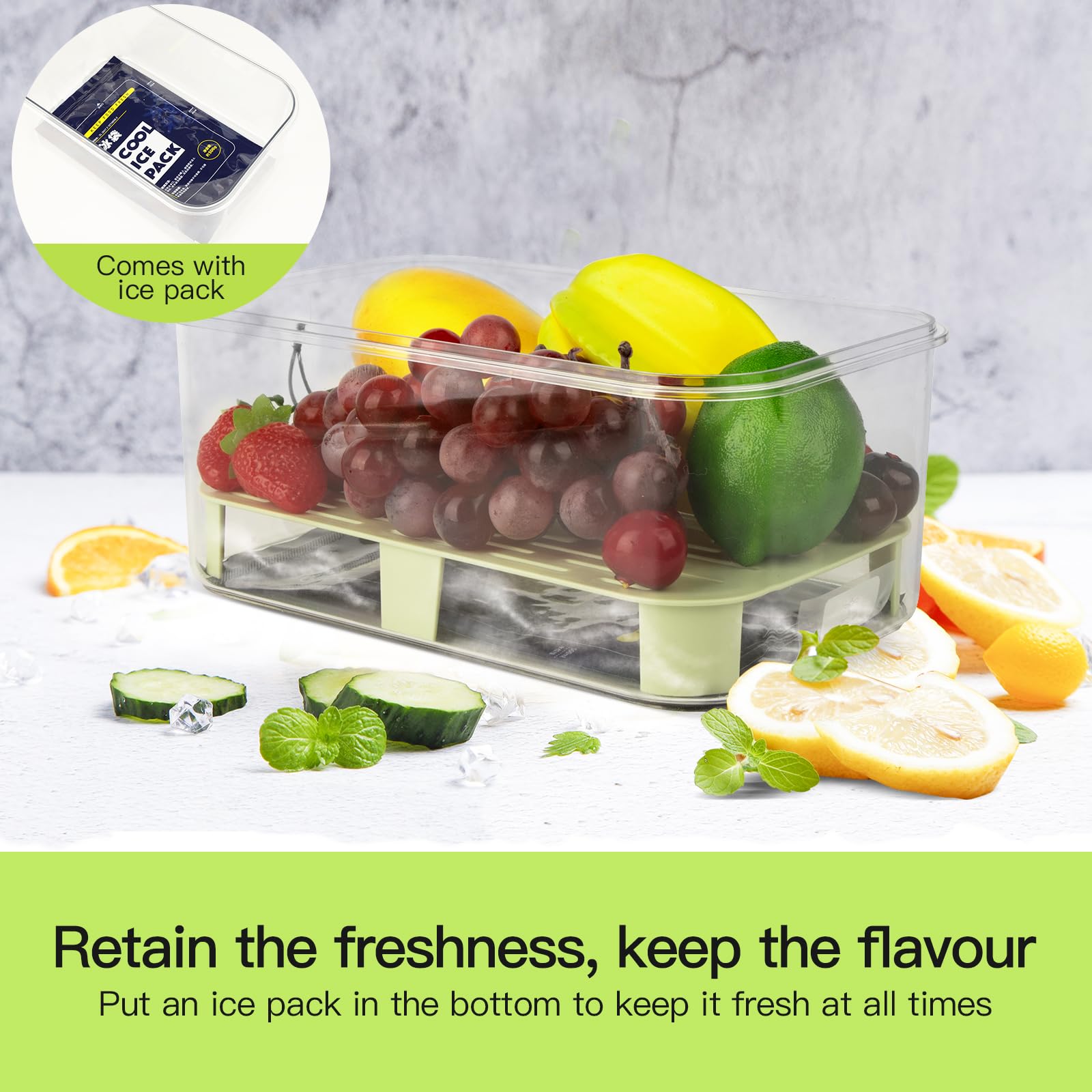 Fruit Storage Berry Keeper Container with Lid and Handle, Portable Food Storage Saver Containers with Ice Pack, for Picnic, Office, Refrigerator, Fridge, Keep Fruit, Vegetable, Meat Fresh (Green)