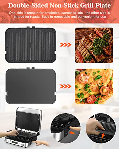 6 in 1 Indoor Grill with Waffle Plates, Panini Press Grill Sandwich Maker, CATTLEMAN CUISINE Electric Contact Grill and Griddle with Removable Nonstick Grill Plates, Smart Probe, LCD Display, 1600W