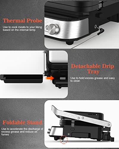 6 in 1 Indoor Grill with Waffle Plates, Panini Press Grill Sandwich Maker, CATTLEMAN CUISINE Electric Contact Grill and Griddle with Removable Nonstick Grill Plates, Smart Probe, LCD Display, 1600W
