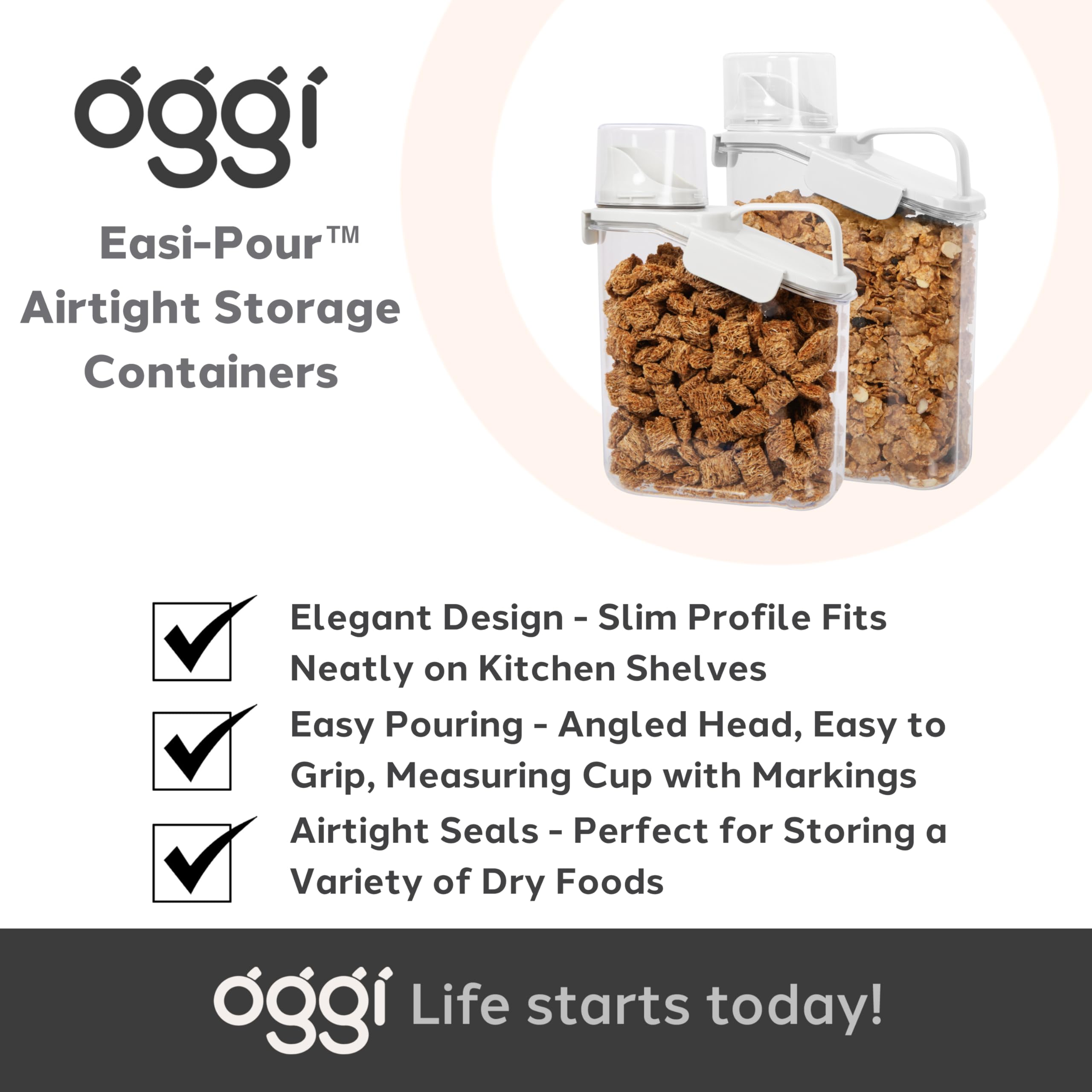 Oggi Easi Pour Airtight Food Storage Containers - Cereal Containers Storage, Rice Dispenser, Cereal Dispenser, Snack Storage Containers, Pasta Containers Storage, Containers with Lids - 80oz / 2.4lt