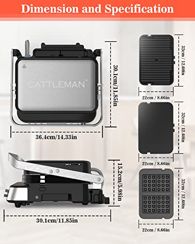 6 in 1 Indoor Grill with Waffle Plates, Panini Press Grill Sandwich Maker, CATTLEMAN CUISINE Electric Contact Grill and Griddle with Removable Nonstick Grill Plates, Smart Probe, LCD Display, 1600W