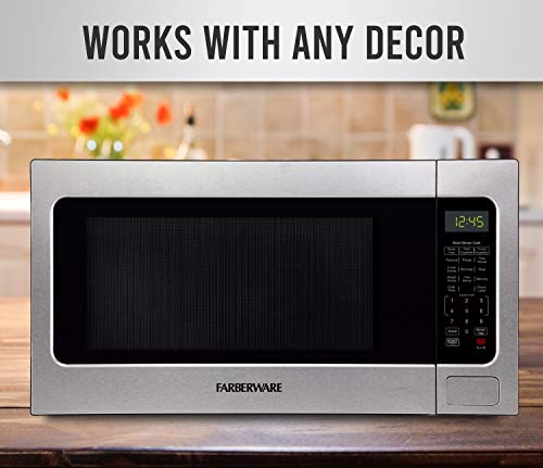 Farberware Countertop Microwave Oven 2.2 Cu. Ft. 1100 Watt, with Smart Sensor Cooking, ECO Mode and LED Lighting, Child Lock, Easy Clean Black Interior, Stainless Steel