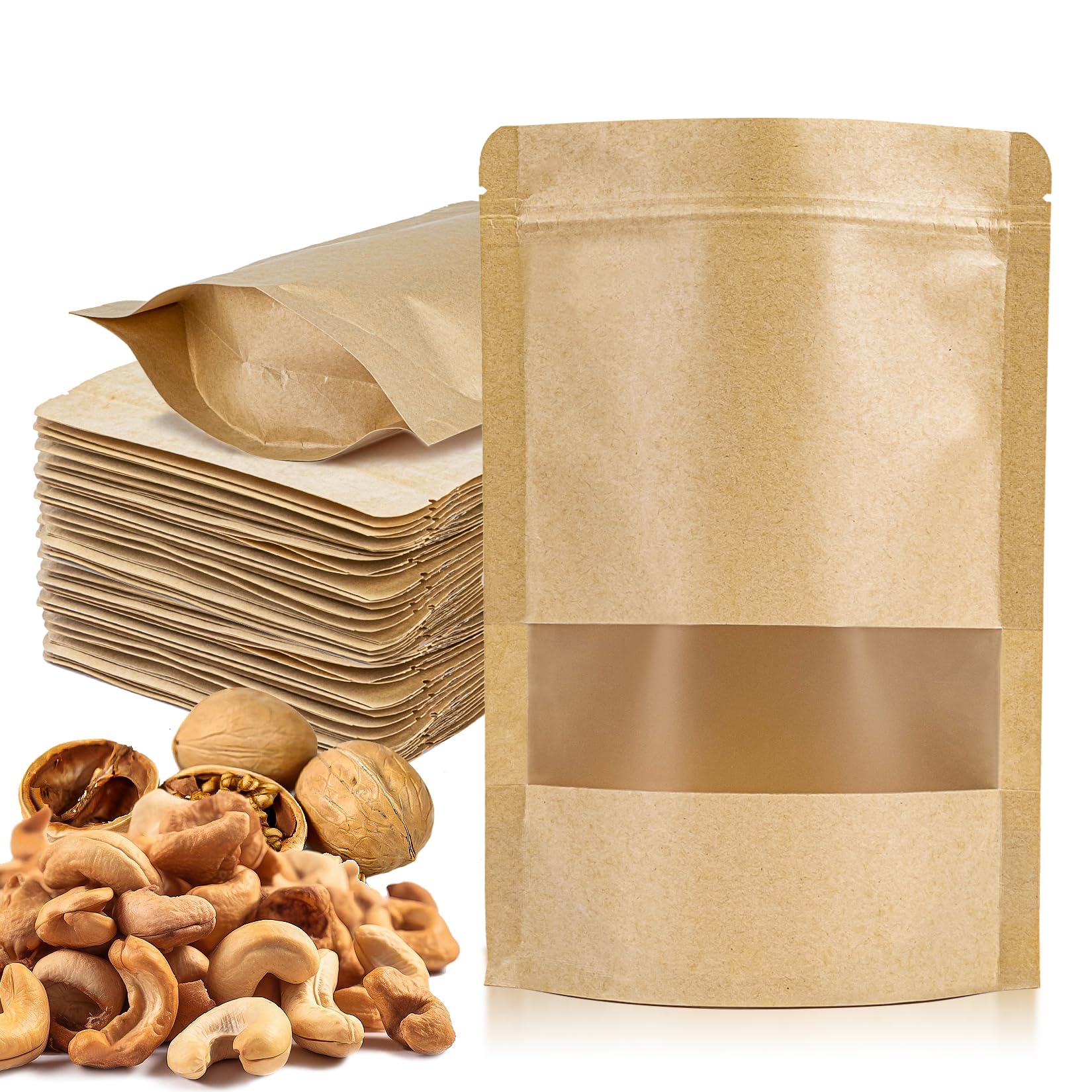 MAQIHAN 46 Stand Up Pouches Bags - 5.9"×8.6" Resealable Ziplock Kraft Paper Bags Window Food Packaging Homemade Bagel Bread Cookie Candy Tea Herb Spice Coffee Jerky Dog Treat Bags Small Business