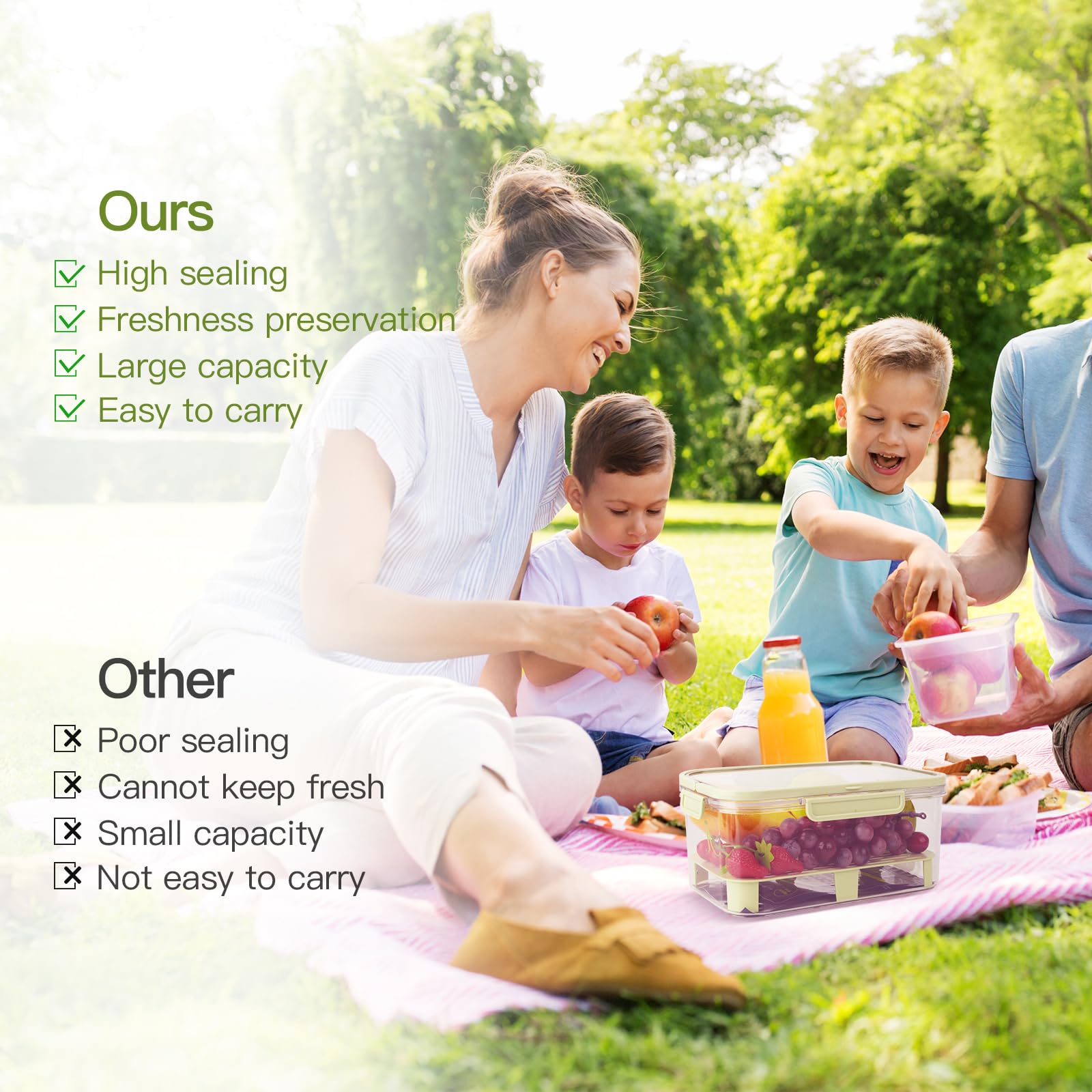 Fruit Storage Berry Keeper Container with Lid and Handle, Portable Food Storage Saver Containers with Ice Pack, for Picnic, Office, Refrigerator, Fridge, Keep Fruit, Vegetable, Meat Fresh (Green)