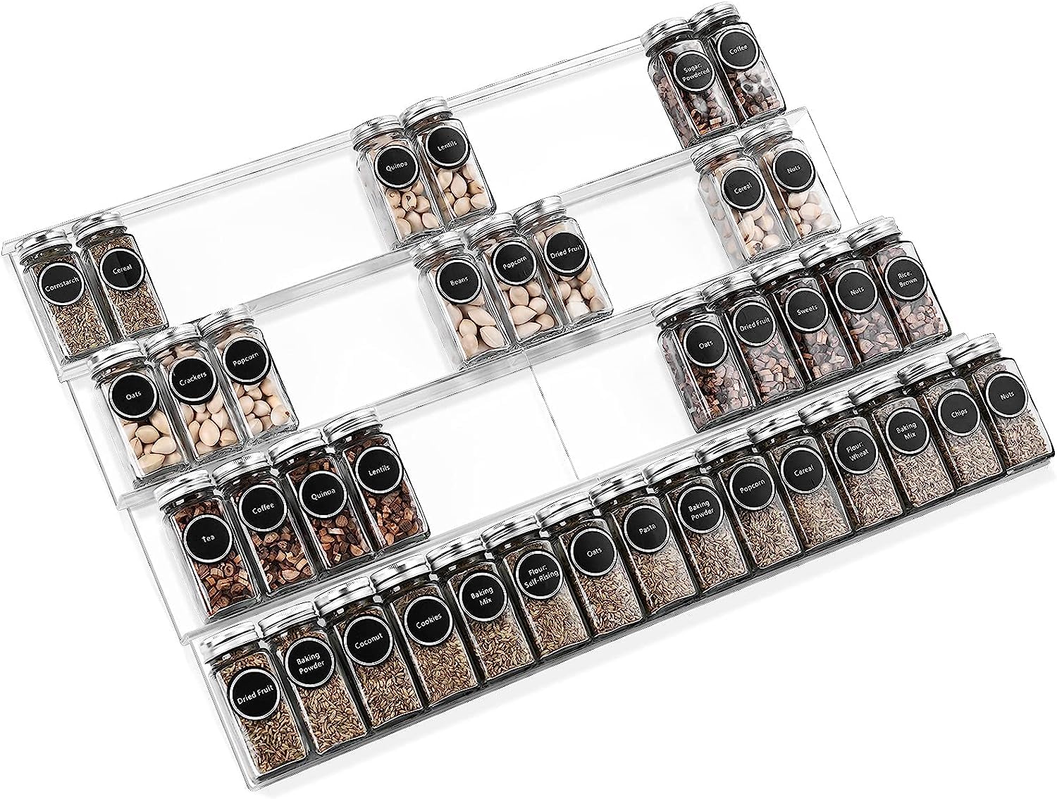 Clear Acrylic Spice Drawer Organizer, 4 Tier- 2 Set Seasoning Jars Drawers Insert, Expandable From 11" to 22", Kitchen Spice Rack Tray for Drawer/Countertop (Jars not included)