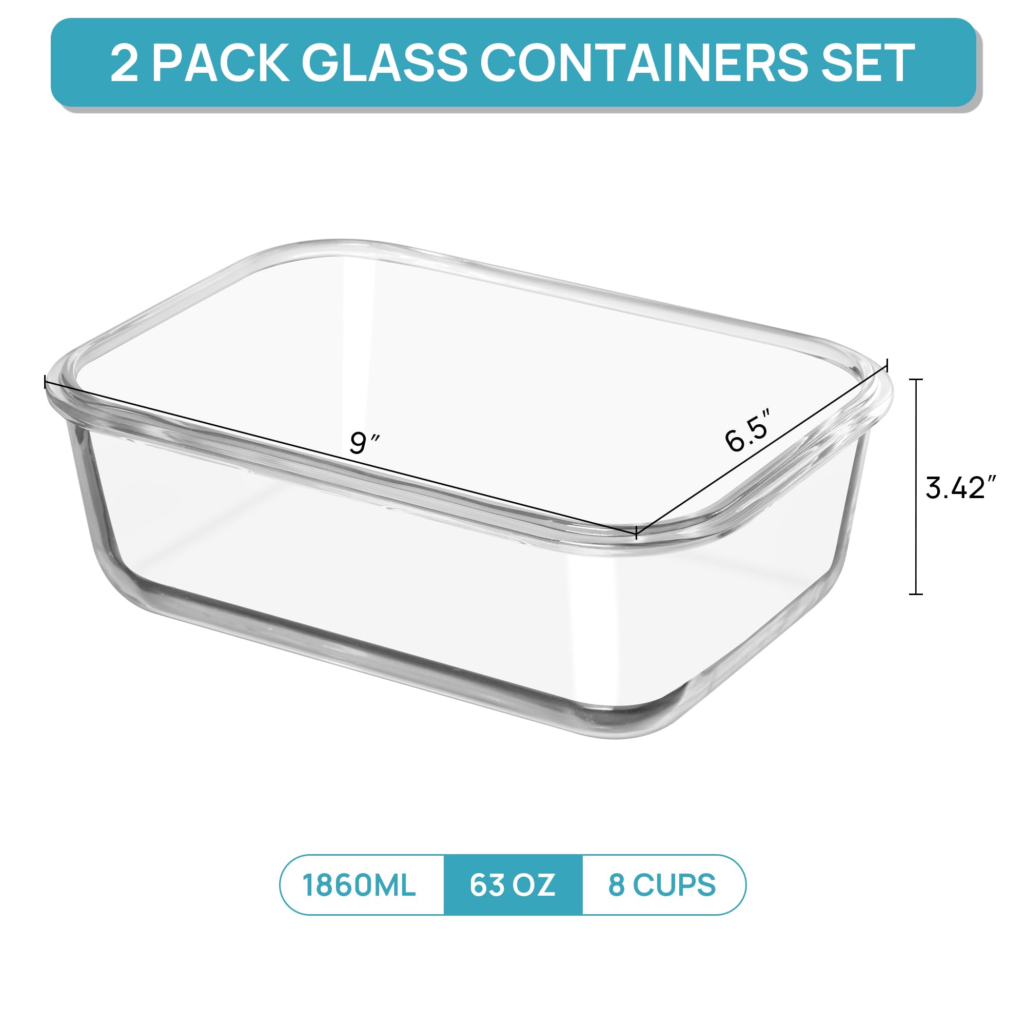 Vtopmart 2Pack 1860ml/ 63oz Large Glass Storage Containers with Lids, Meal Prep Food Container Set with Snap Airtight Lid for Baking, Microwave, Oven, Leak Proof, for Freezer, Dishwasher, Grey