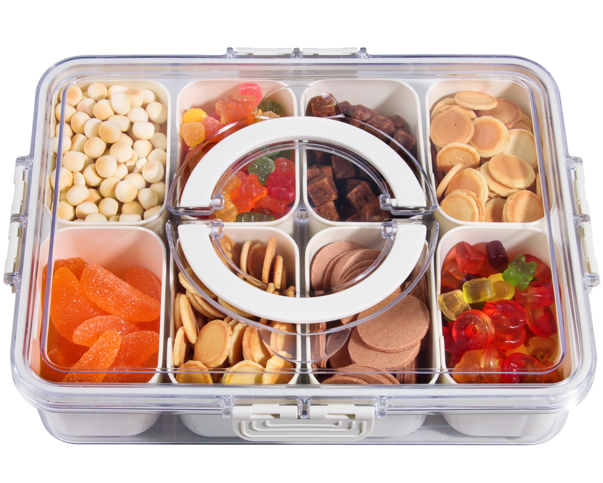 YFUIF Snackle Box Container - 8 Compartments Divided Serving Tray with Lid and Handle, BPA-Free Snack Box Organizer for Fruits, Candy, Snacks (1, White Small 8 Compartments)
