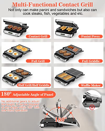 6 in 1 Indoor Grill with Waffle Plates, Panini Press Grill Sandwich Maker, CATTLEMAN CUISINE Electric Contact Grill and Griddle with Removable Nonstick Grill Plates, Smart Probe, LCD Display, 1600W