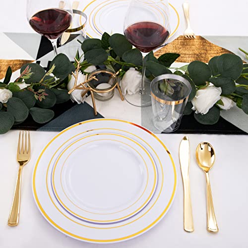 WELLIFE 96 Pcs Gold Plastic Plates, Disposable Gold Silverware and Cups, Gold Dinnerware Set Perfect, Includes: 16 Dinner Plates 10.25", 16 Dessert Plates 7.5", 16 Cutlery