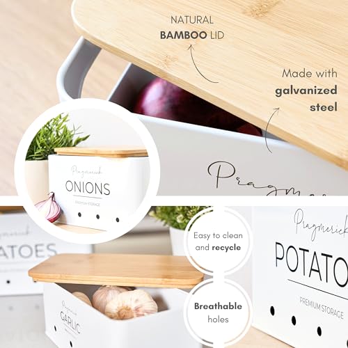 Canisters Sets for the Kitchen Organization, Potato Storage, Onion Storage, Garlic storage, Vegetable storage, Canisters Set for Countertop, Set of 3 Galvanized Steel with Ventilation and Bamboo Lids