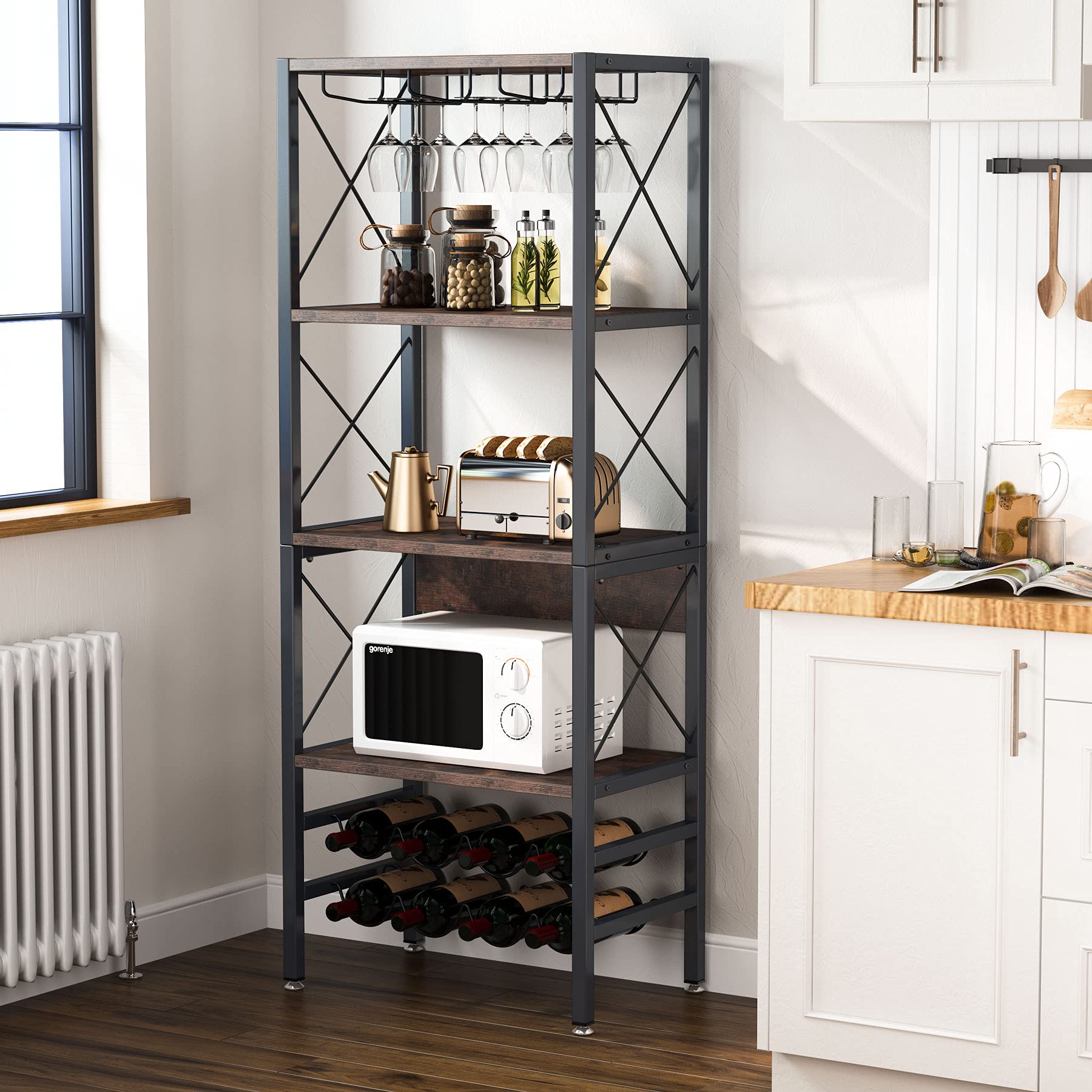 Tribesigns Wine Bakers Rack, 4-Tier Industrial Wine Rack freestanding Floor with Glass Holder and Wine Storage, Wine Bar Cabinet with Storage for Home Kitchen Dining Room, Rustic Brown