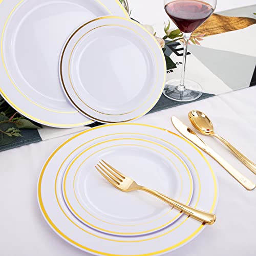 WELLIFE 96 Pcs Gold Plastic Plates, Disposable Gold Silverware and Cups, Gold Dinnerware Set Perfect, Includes: 16 Dinner Plates 10.25", 16 Dessert Plates 7.5", 16 Cutlery