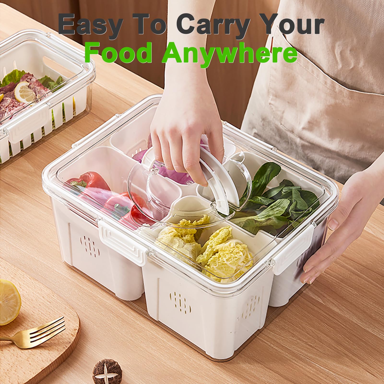 Airtight Fruit Storage Containers for Fridge: 4 Compartment Large Food Storage Container with Lids & Handle & Removable Drain Tray - Berry Fruit Vegetable Fresh Produce Saver for Travel Picnic