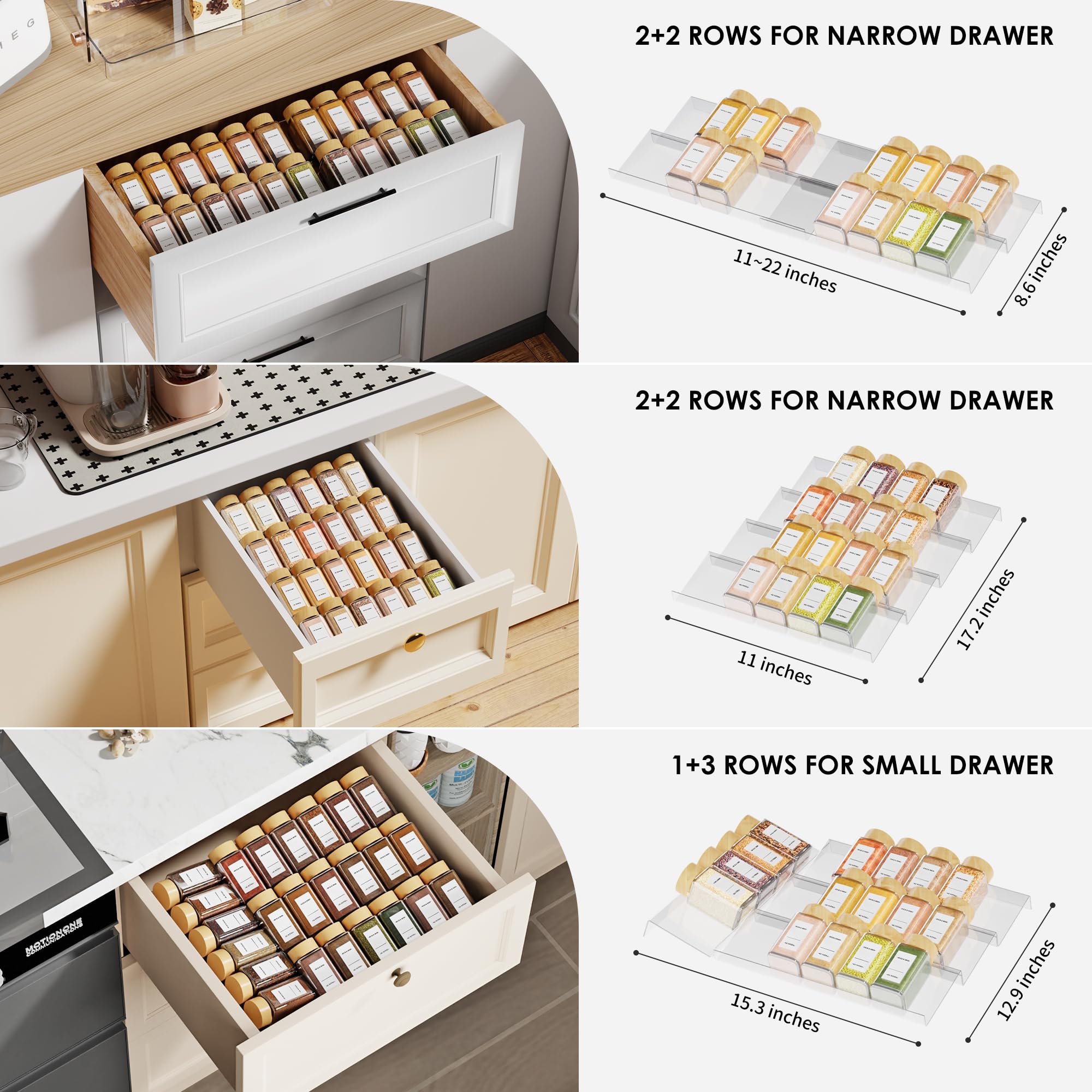 Clear Acrylic Spice Drawer Organizer, 4 Tier- 2 Set Seasoning Jars Drawers Insert, Expandable From 11" to 22", Kitchen Spice Rack Tray for Drawer/Countertop (Jars not included)