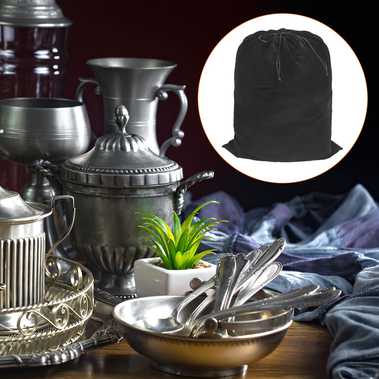 QWORK 6-Pack Large Black Anti-Tarnish Storage Bags - 24x32 inches Soft Flannel Cloth Pouches for Silverware, Jewelry Protection - Rust, Corrosion, Dust Prevention with Adjustable Drawstring