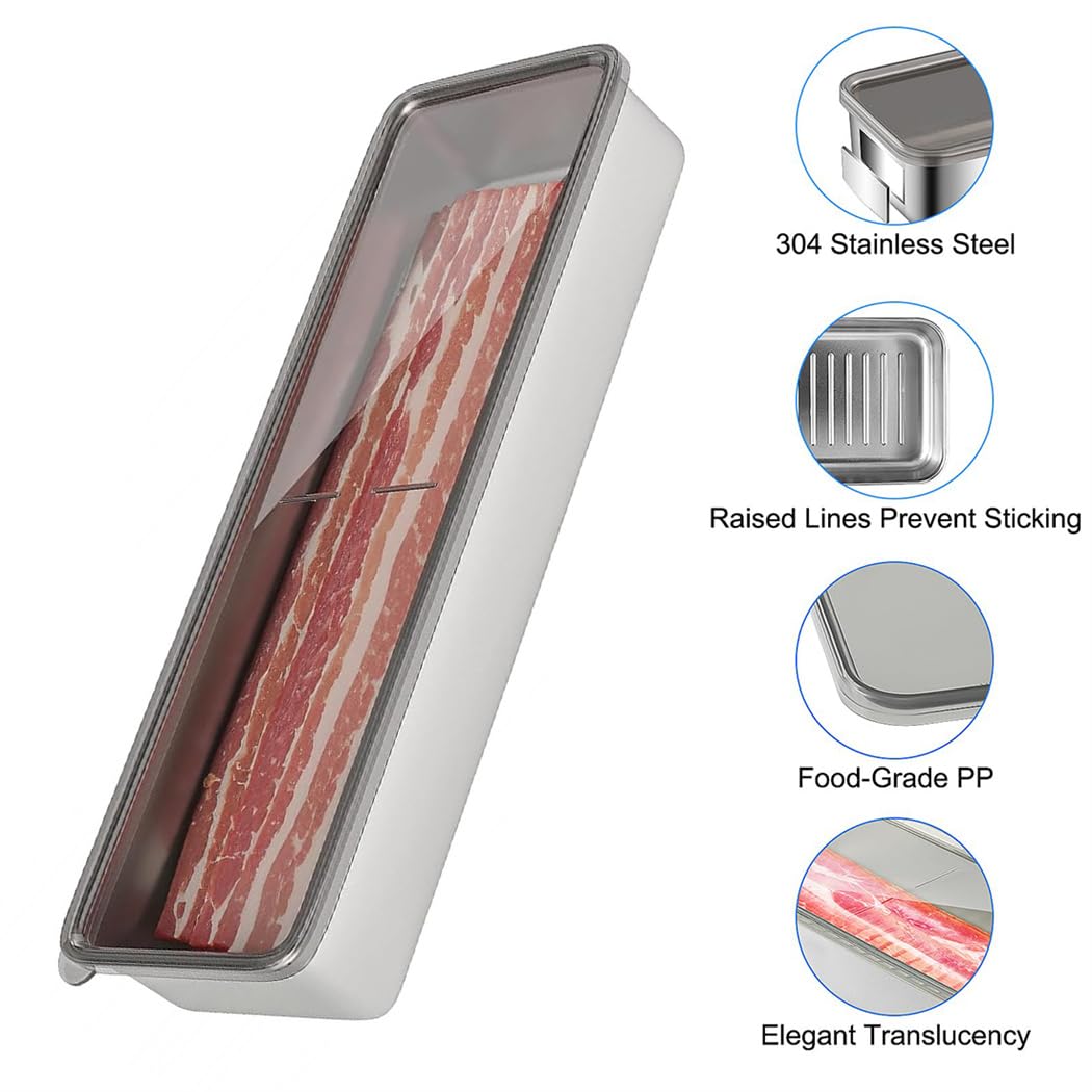 Yeasing Bacon Container Stainless Steel Airtight Cheese Container Bacon Containers for Refrigerator Food Storage Containers with Lids Deli Meat Saver Bacon Holder 10.5 Inches Long