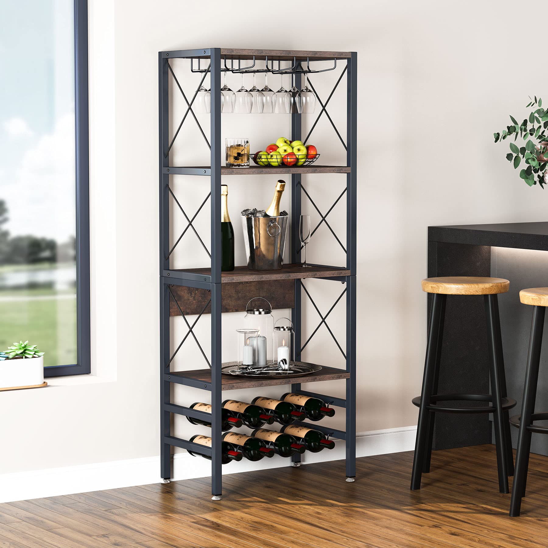 Tribesigns Wine Bakers Rack, 4-Tier Industrial Wine Rack freestanding Floor with Glass Holder and Wine Storage, Wine Bar Cabinet with Storage for Home Kitchen Dining Room, Rustic Brown