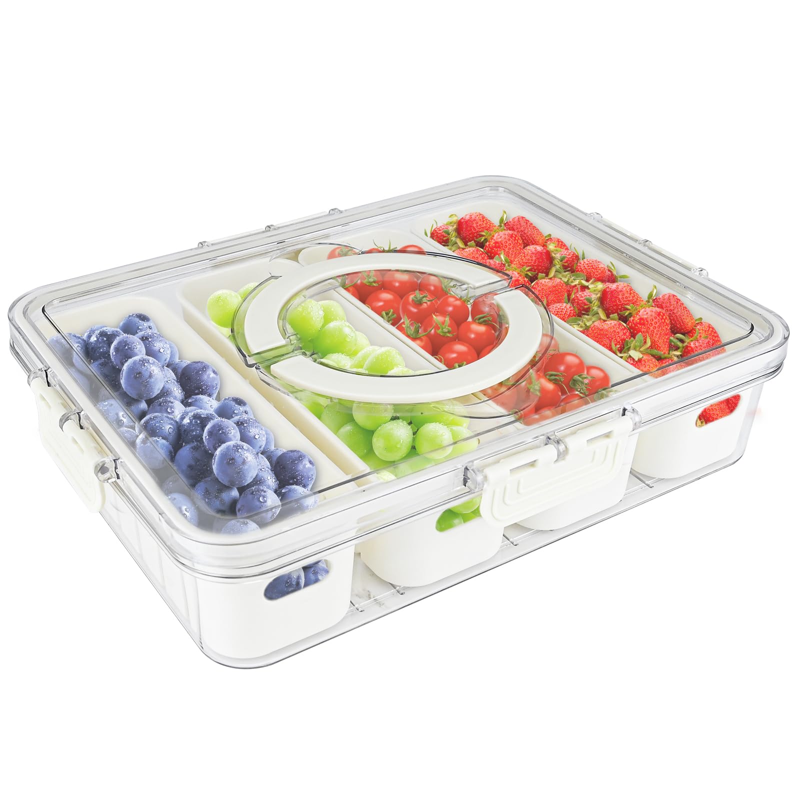 ADKYSL Divided Serving Tray with Lid, Fruit Storage Containers for Fridge, Portable Snackle Box Container, 4 Compartment Snack Tray with Lid for Vegetables Candy Nuts Spices -1 Pack