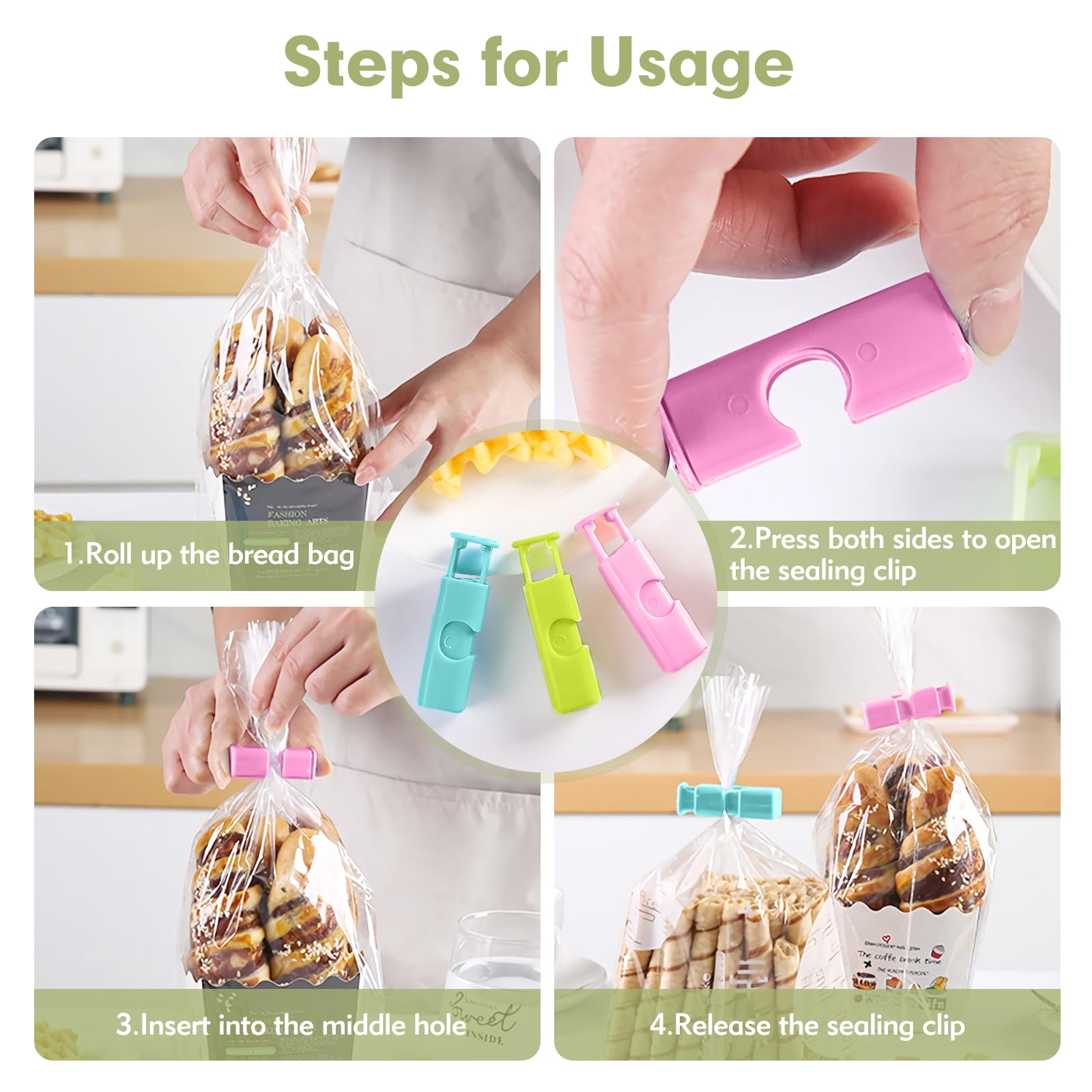 Heyissxin Bread Bag Clips,3 Color Plastic Reusable Food Clips for Bags,Set of 12 Reusable Bag Cinch for Bag Cosers for Chips