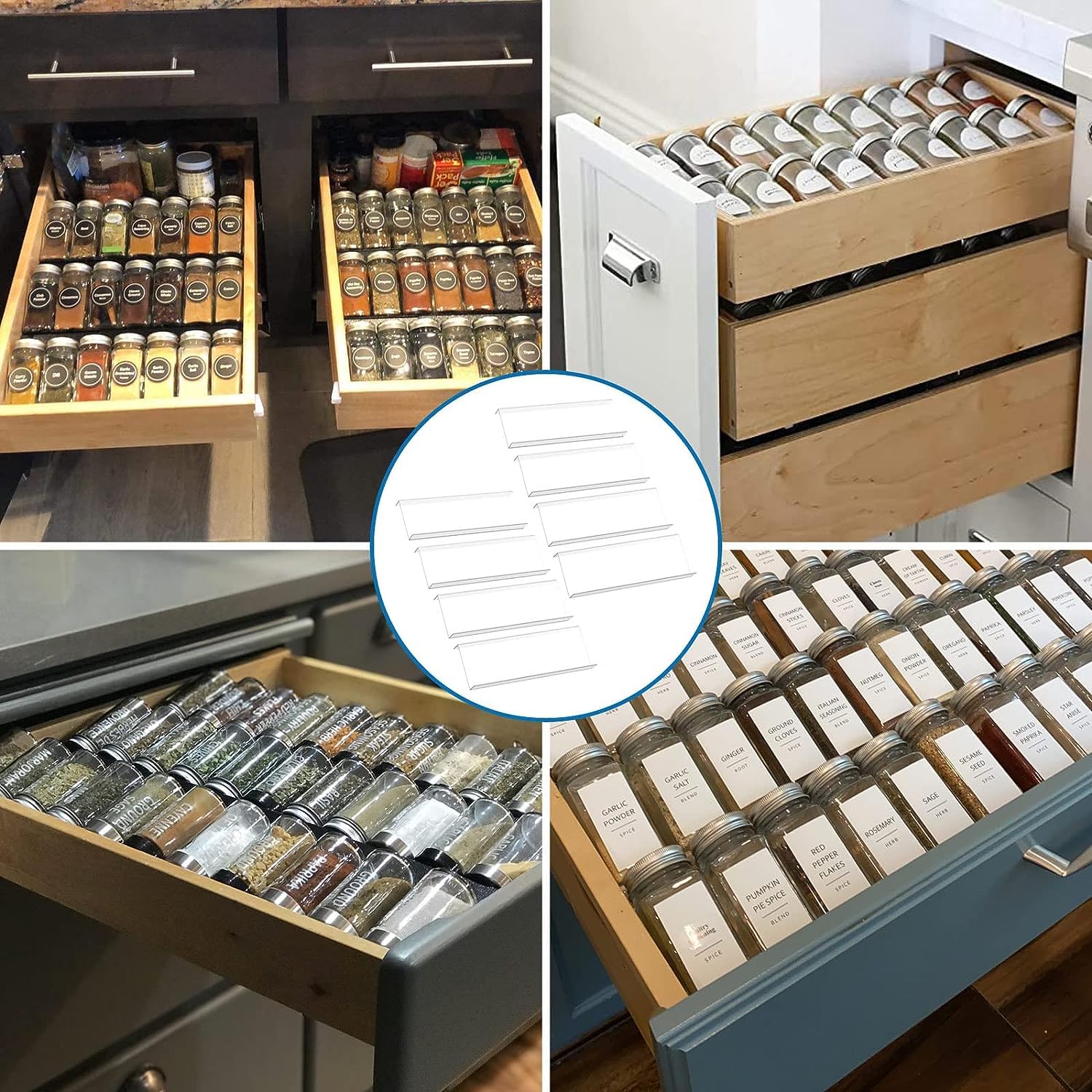 Clear Acrylic Spice Drawer Organizer, 4 Tier- 2 Set Seasoning Jars Drawers Insert, Expandable From 11" to 22", Kitchen Spice Rack Tray for Drawer/Countertop (Jars not included)
