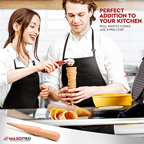 MaxoPro Ice Cream Waffle Cone Roller – 8.6 Inch Strong & Smooth krumkake cone roller - Wooden Pizzelle Cone Mold – Non-Slip Handle Waffle Cone Shaper Tool