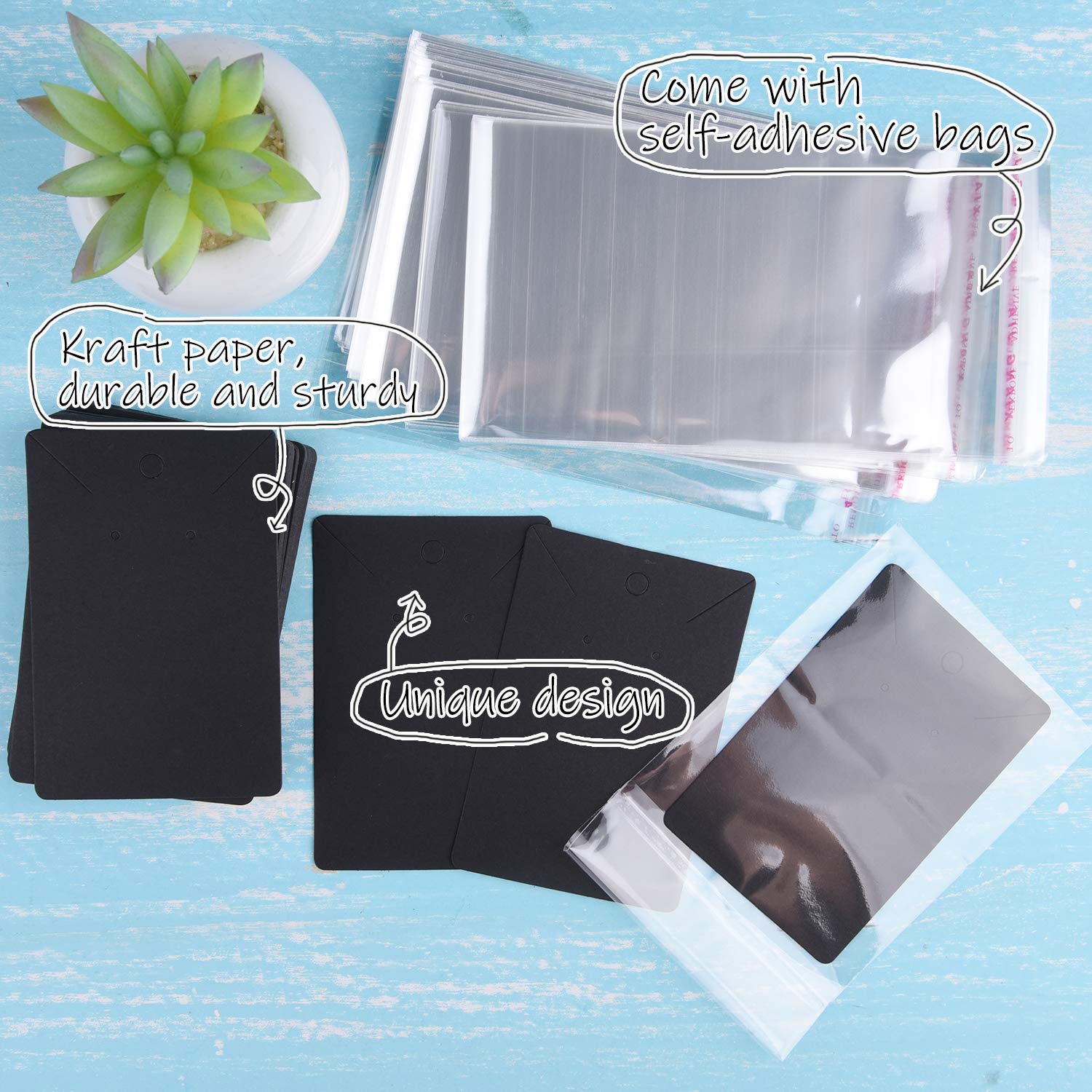 MIAHART 150 Set Earring Display Card with 150 Pcs Self-Seal Bags, Earring Holder Card for Selling DIY Ear Studs, Earrings and Jewelry Display (Black)