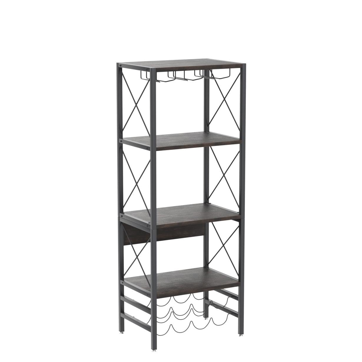 Tribesigns Wine Bakers Rack, 4-Tier Industrial Wine Rack freestanding Floor with Glass Holder and Wine Storage, Wine Bar Cabinet with Storage for Home Kitchen Dining Room, Rustic Brown