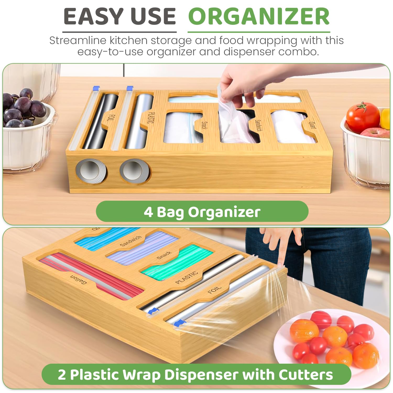PrimeNex Ziplock Bag organizer, Ziplock Foil and Plastic Wrap Dispenser with Cutter, 6 in 1 Bamboo Kitchen Drawer Plastic Bag Food Baggie Organizer for Drawer Gallon, Quart, Sandwich, Snack (Natural)