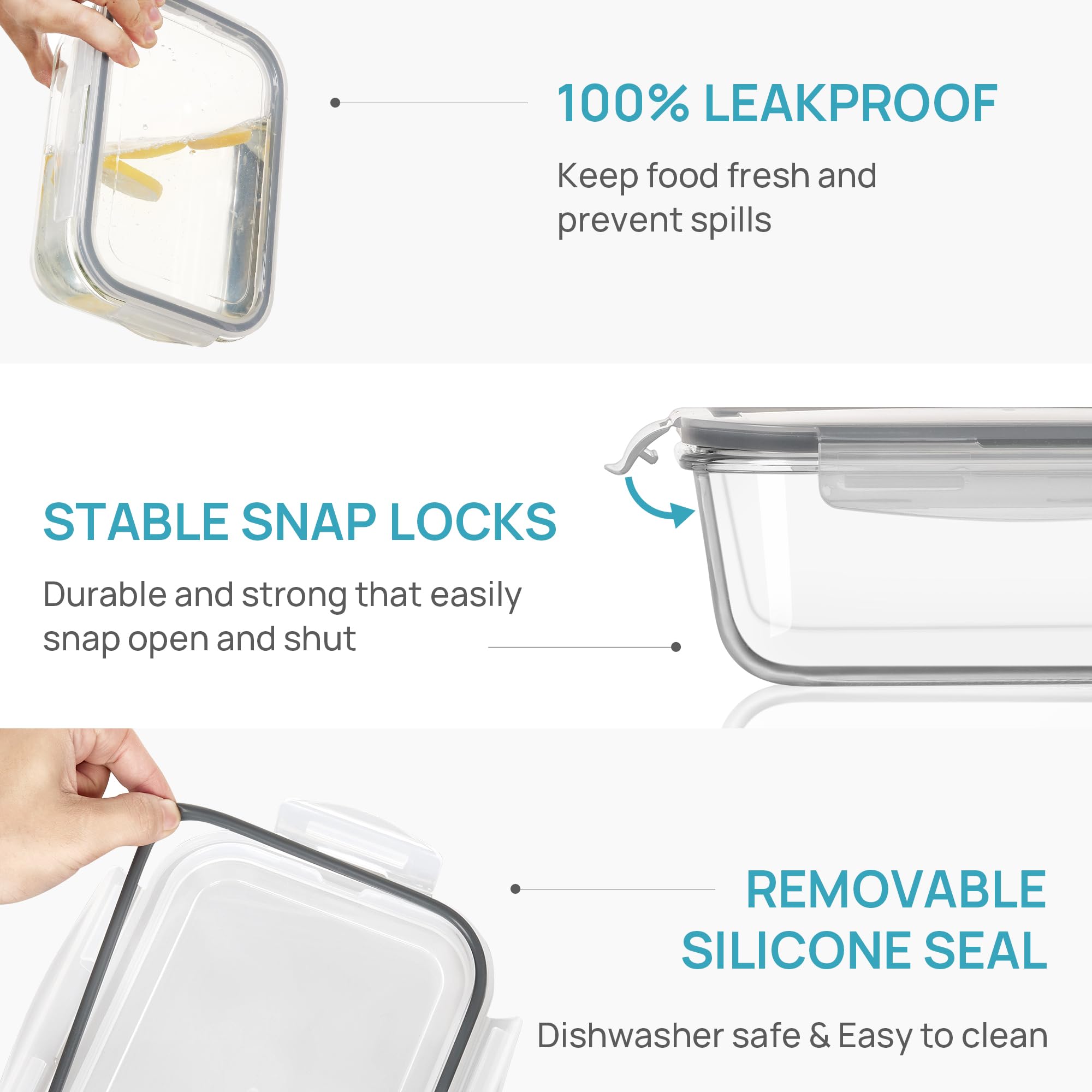 Vtopmart 2Pack 1860ml/ 63oz Large Glass Storage Containers with Lids, Meal Prep Food Container Set with Snap Airtight Lid for Baking, Microwave, Oven, Leak Proof, for Freezer, Dishwasher, Grey