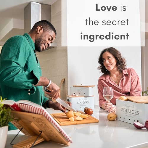 Canisters Sets for the Kitchen Organization, Potato Storage, Onion Storage, Garlic storage, Vegetable storage, Canisters Set for Countertop, Set of 3 Galvanized Steel with Ventilation and Bamboo Lids