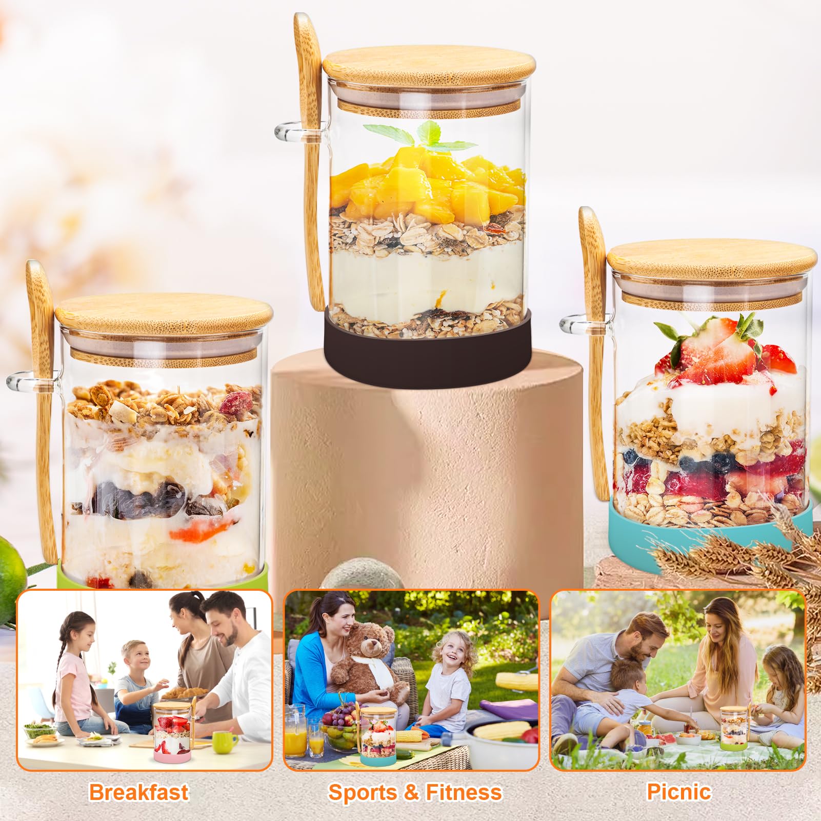 JinhzWin 4 Packs Overnight Oats Containers with Lids, 17 Oz Oats Overnight Glass Jar with Bamboo Spoon, Large Capacity Jars with 4 Colors Silicone Mats for Cereal Fruit Vegetable Yogurt Milk Salad
