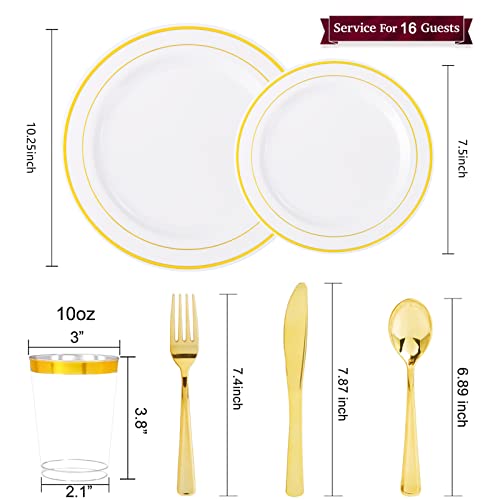 WELLIFE 96 Pcs Gold Plastic Plates, Disposable Gold Silverware and Cups, Gold Dinnerware Set Perfect, Includes: 16 Dinner Plates 10.25", 16 Dessert Plates 7.5", 16 Cutlery