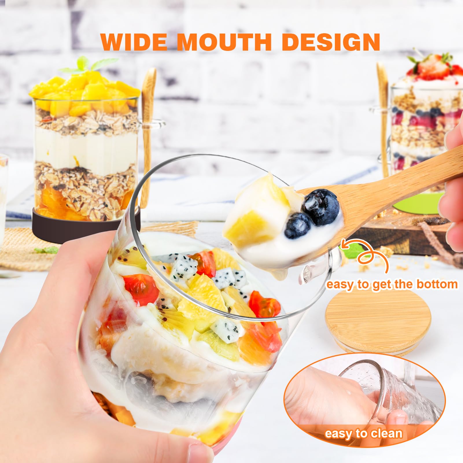 JinhzWin 4 Packs Overnight Oats Containers with Lids, 17 Oz Oats Overnight Glass Jar with Bamboo Spoon, Large Capacity Jars with 4 Colors Silicone Mats for Cereal Fruit Vegetable Yogurt Milk Salad