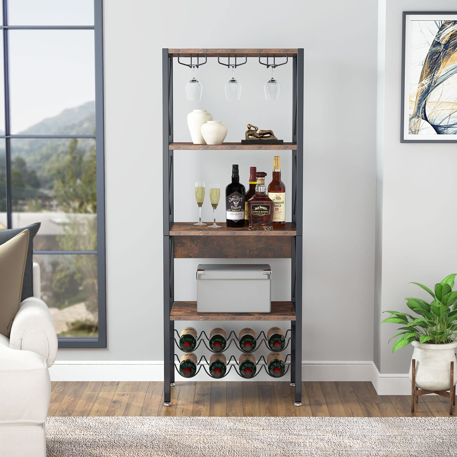 Tribesigns Wine Bakers Rack, 4-Tier Industrial Wine Rack freestanding Floor with Glass Holder and Wine Storage, Wine Bar Cabinet with Storage for Home Kitchen Dining Room, Rustic Brown
