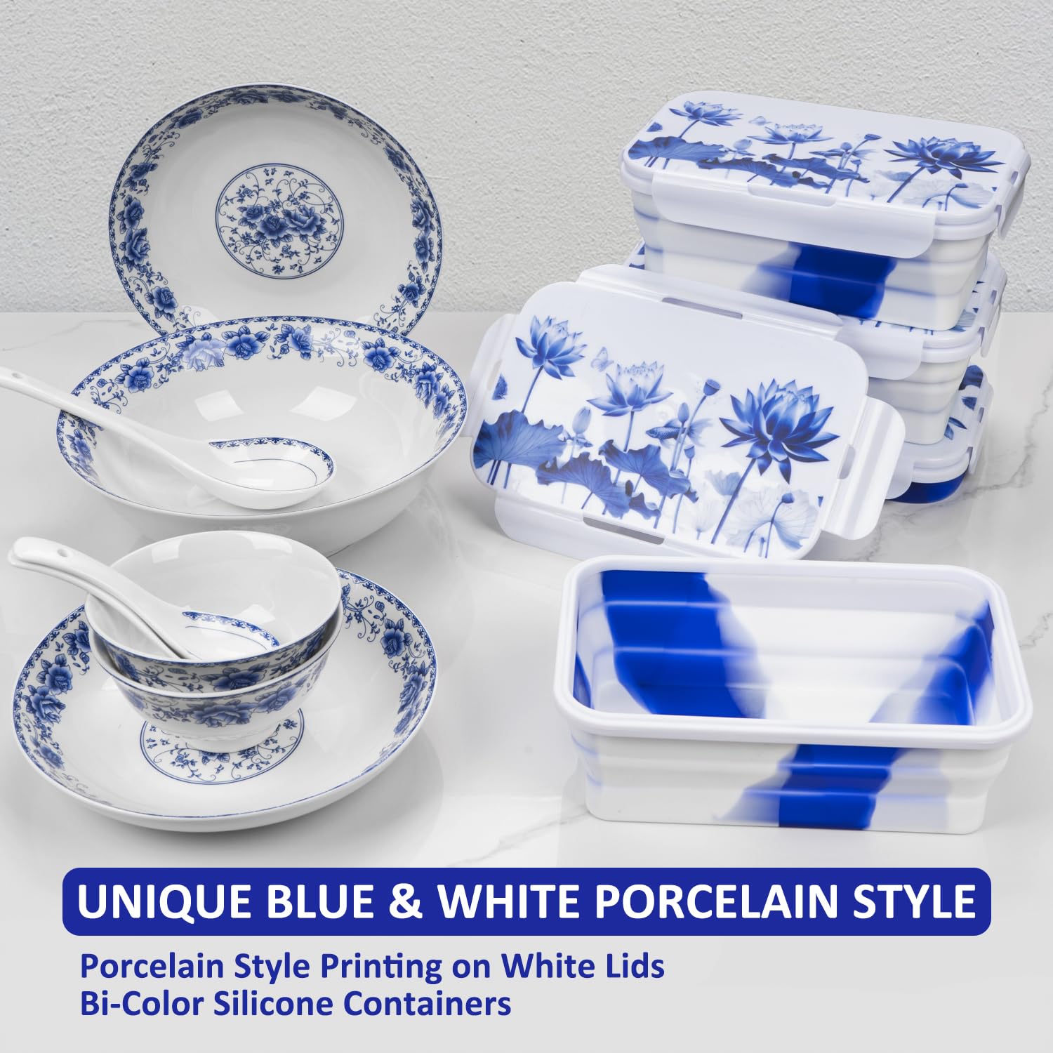 Annaklin Collapsible Food Storage Containers with Lids in Blue and White Porcelain China Style, 48oz, 4 Pack, Stackable Silicone Containers for Food Lunch, Microwave Freezer Dishwasher Safe, White